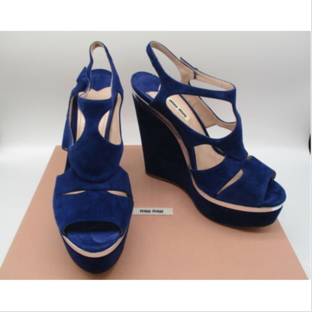 Miu Miu Blue Cut-Out Suede Wedge Platform Sandals - Gem